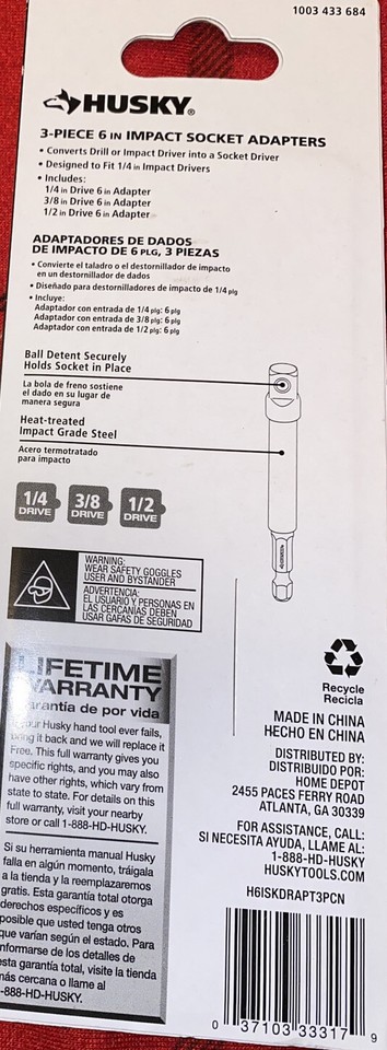 Husky: 1/4 in., 3/8 in. & 1/2 in. x 6 in. 3-Piece Impact Rated Socket ...