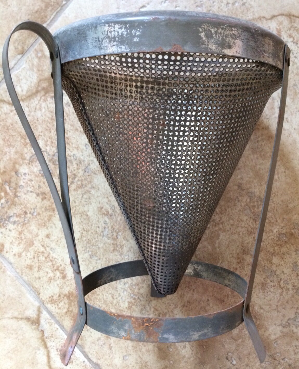 Antique Large Cone Shaped Metal Food Press or Colander/Attached Stand ...