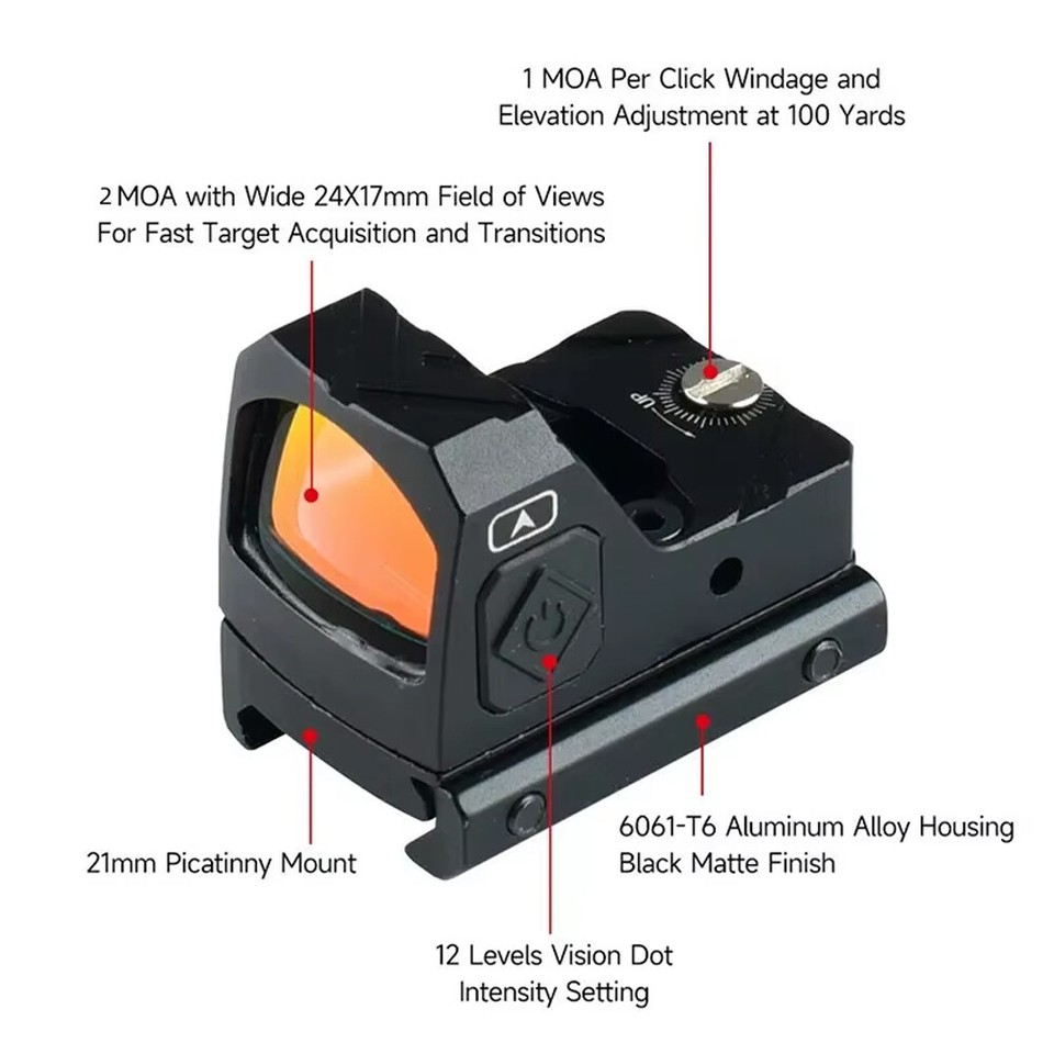 Mini Reflex Red Dot Sight Optic Sight Shake Awake 2 MOA for Rifle ...