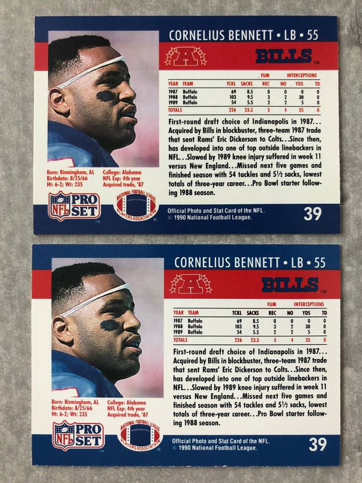 (2) 1990 Pro Set CORNELIUS BENNETT "Stat Line Color" Variation Football ...