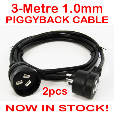 2x 3 Metre Piggyback Power Extension Cable Lead Cord Black Piggy Back ...