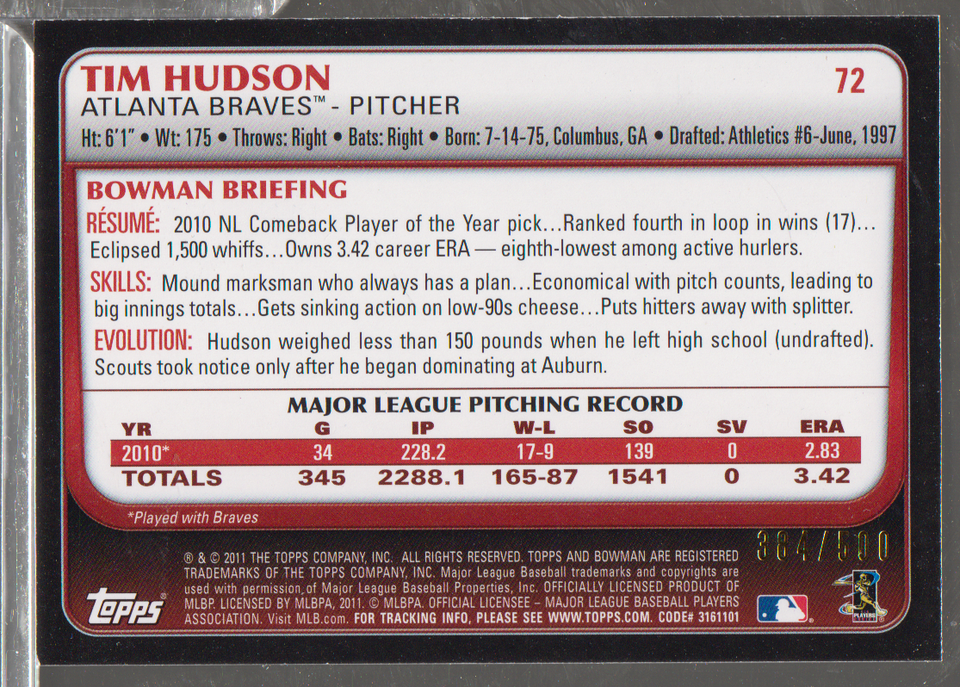 Tim Hudson Angels 2011 Topps Bowman BP72 /500 100923NPCD15 | eBay