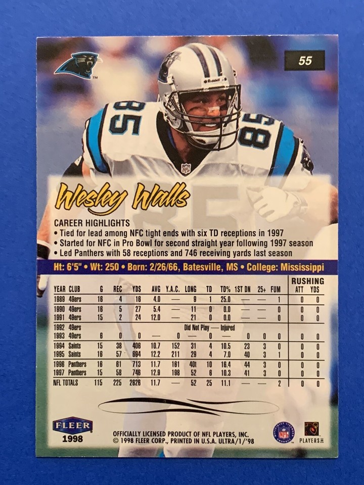 WESLEY WALLS (CF HOF) Signed 1998 Fleer Ultra Panthers Ole Miss ...