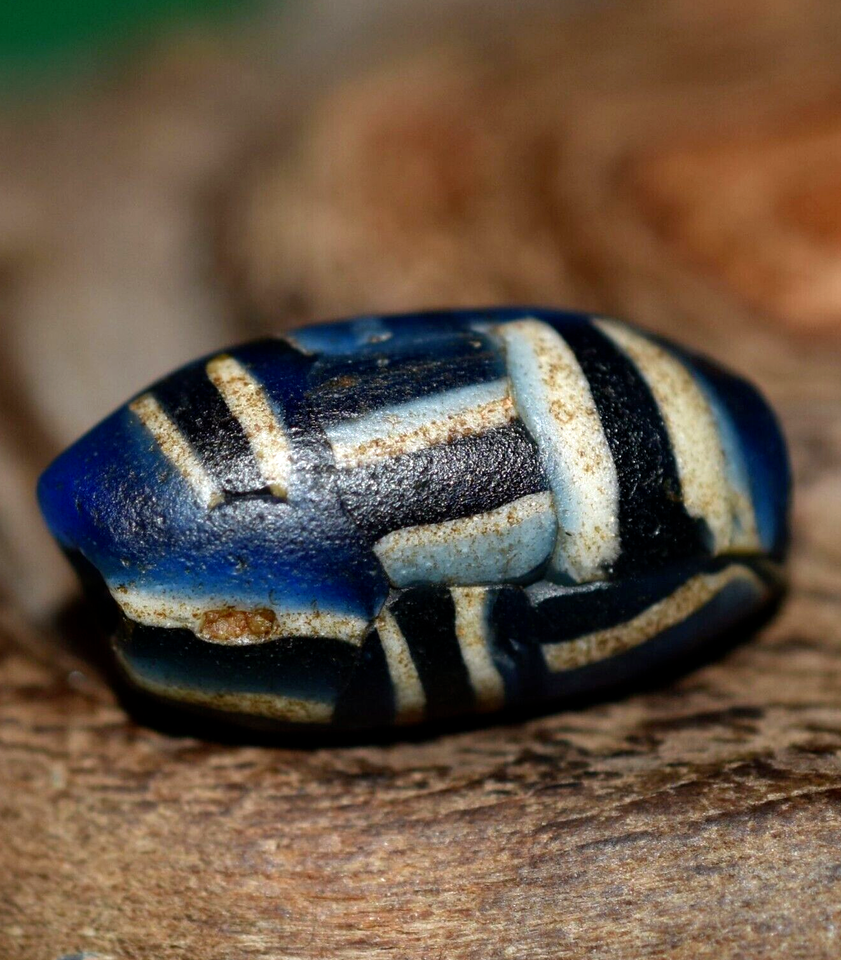 Ancient Islamic Excavated Blue & White Glass Ribbon Bead Mali, African ...