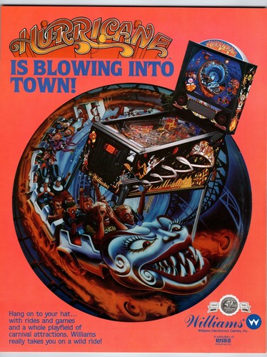 Hurricane Pinball Machine FLYER Original 1991 Vintage Coin-Op Amusement ...