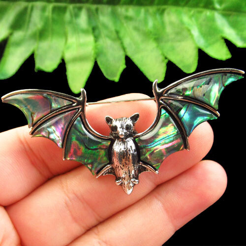 Natural Rainbow Abalone Shell Tibetan Silver Bat Pendant Brooch ...