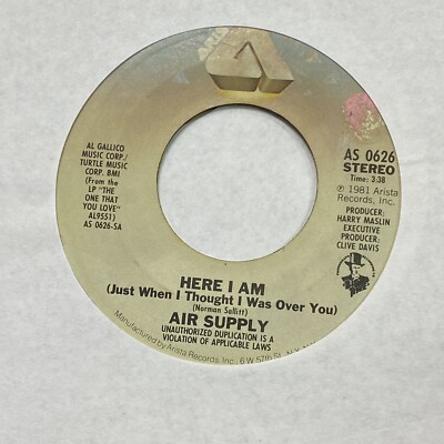 Air Supply - Here I Am / Don't Turn Me Away - Arista 45 RPM Record AS ...