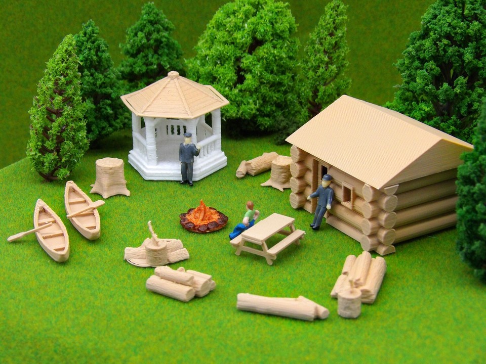 14 pc Scenery HO Scale 3D Model Railroad Train Gazebo, Log Cabin, Camp ...