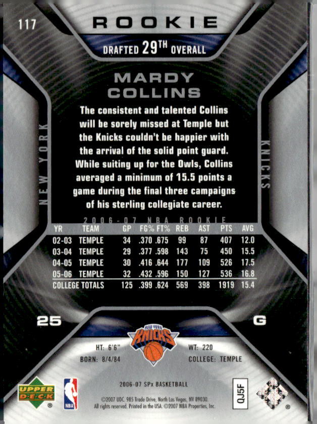 2006 SPX /1999 #117 Mardy Collins RC (C) New York Knicks | eBay
