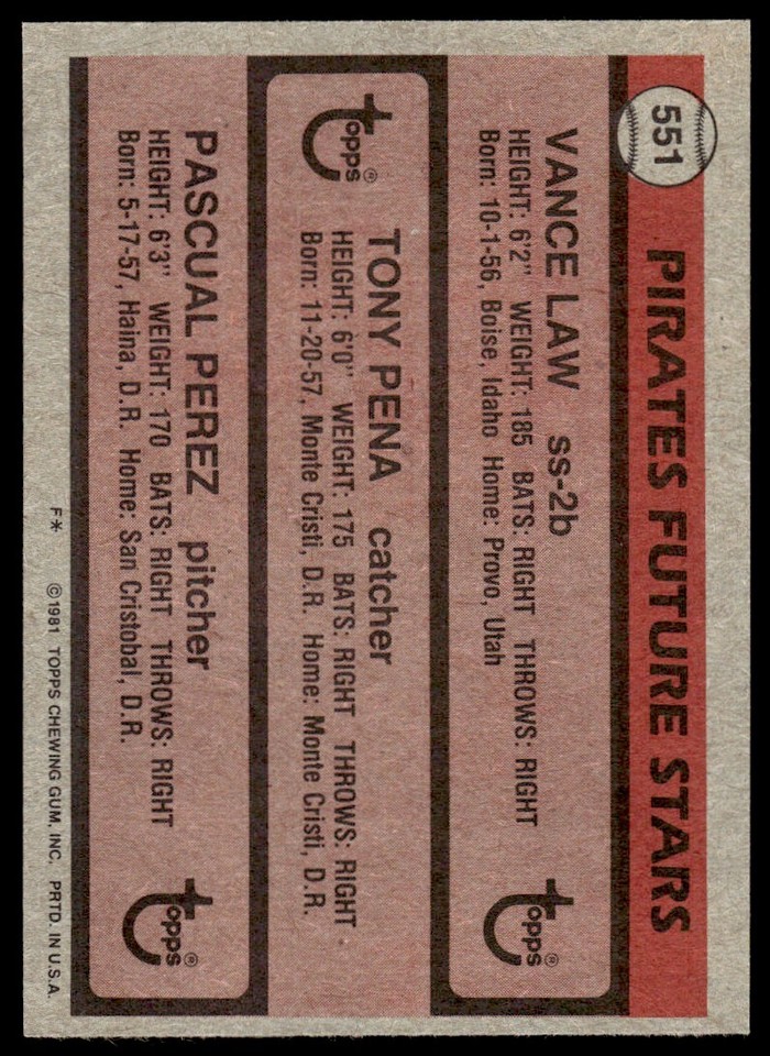 1981 Topps Pirates Future Stars - Vance Law/Tony Pena/Pascual Perez ...
