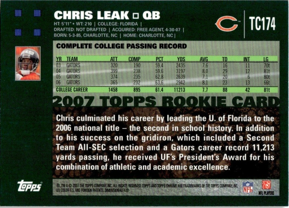 2007 Topps Chrome Football Card Chris Leak RC Chicago Bears #TC174 | eBay