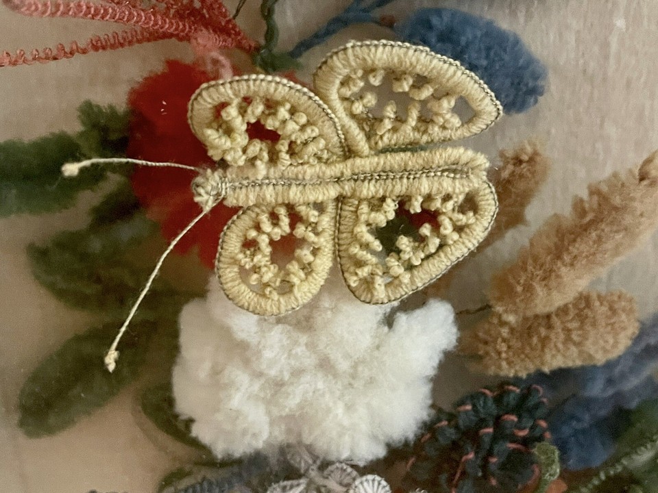 LARGE Antique Victorian WOOL WORK FLORAL & FERN Folk Art Deep Well ...