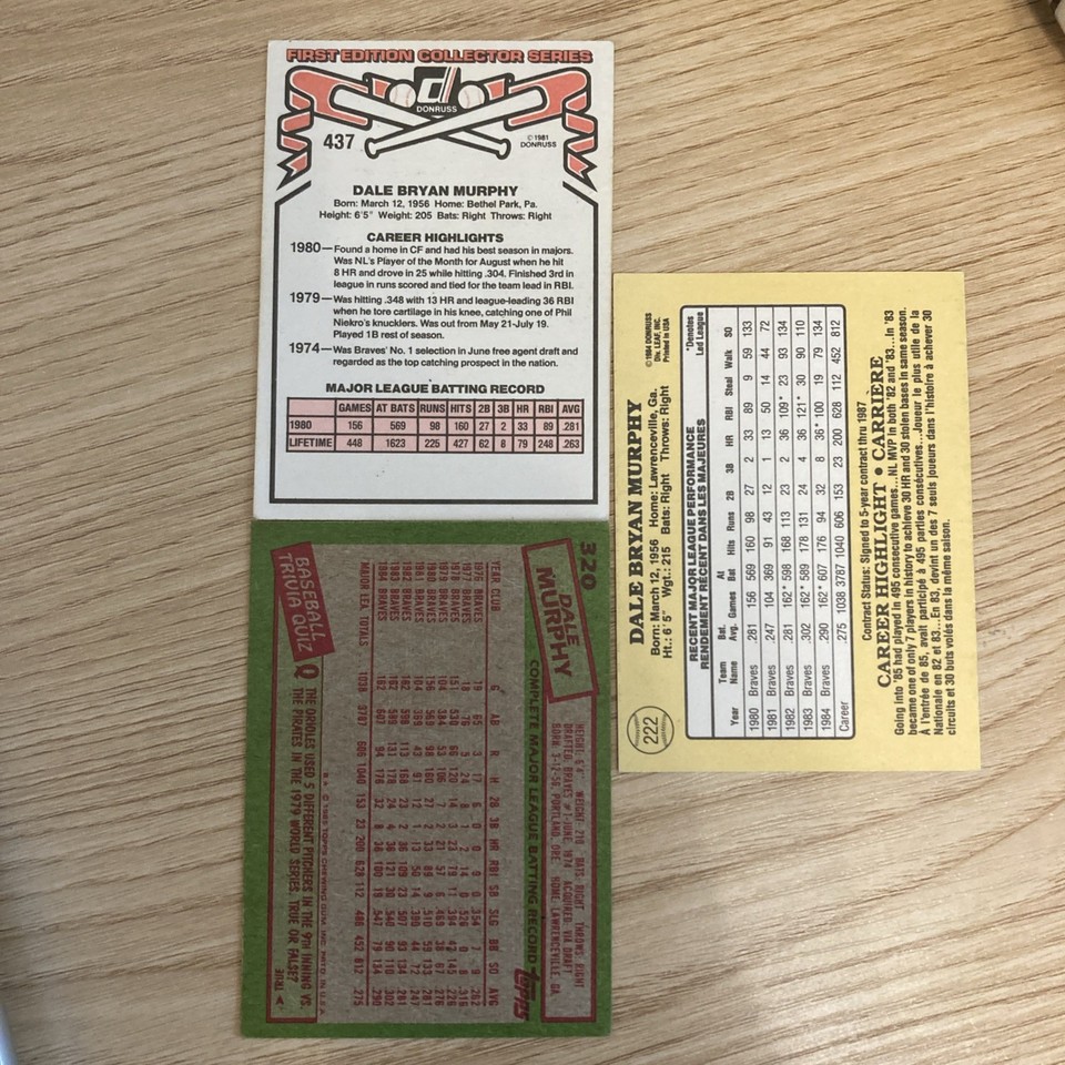 1981 Donruss Dale Murphy #437 1985 Leaf #222 Topps #320 Baseball Card ...