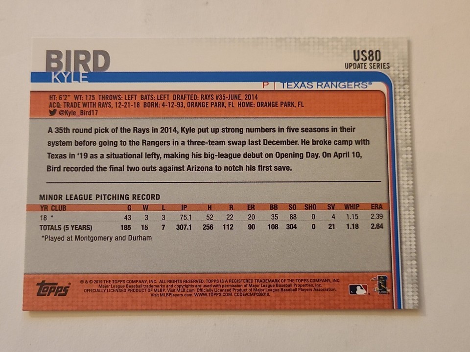 2019 Kyle Bird Rookie Rc Topps Update #US80 | eBay