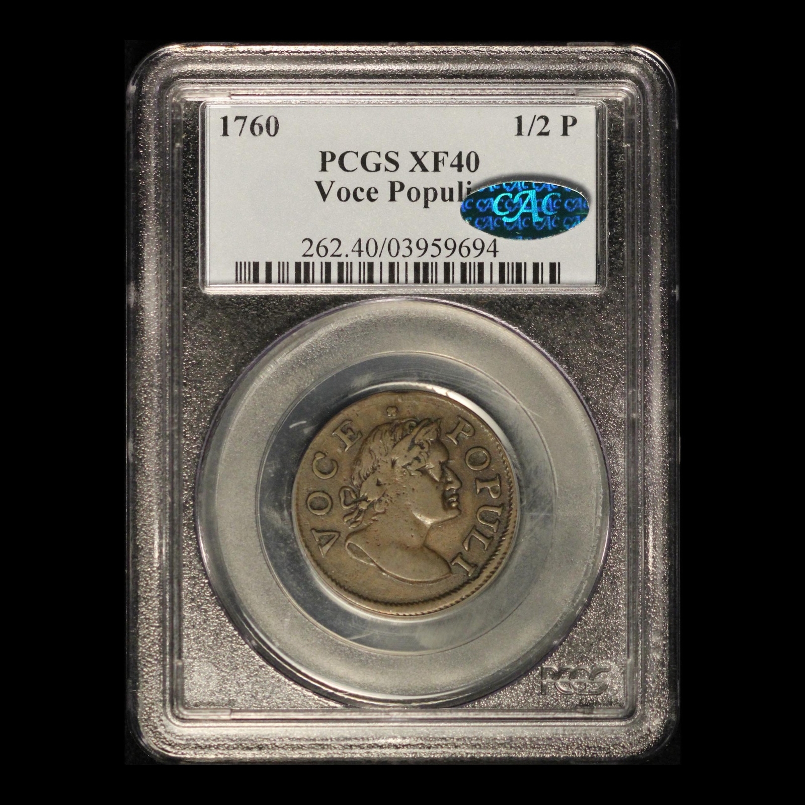 1760 1/2 P Colonial Copper Voce Populi CAC and PCGS XF 40 - Free ...
