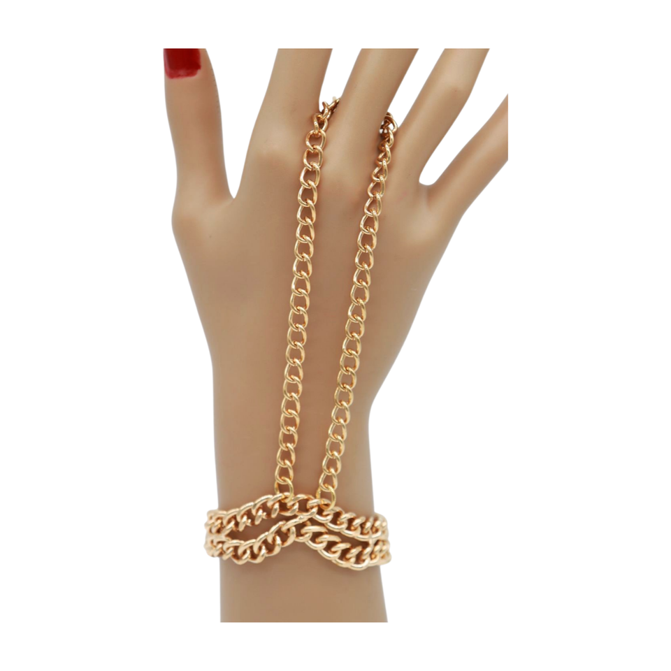 Women Gold Metal Chain 2 Rows Bracelet Connected Ring Day Night Stylish ...