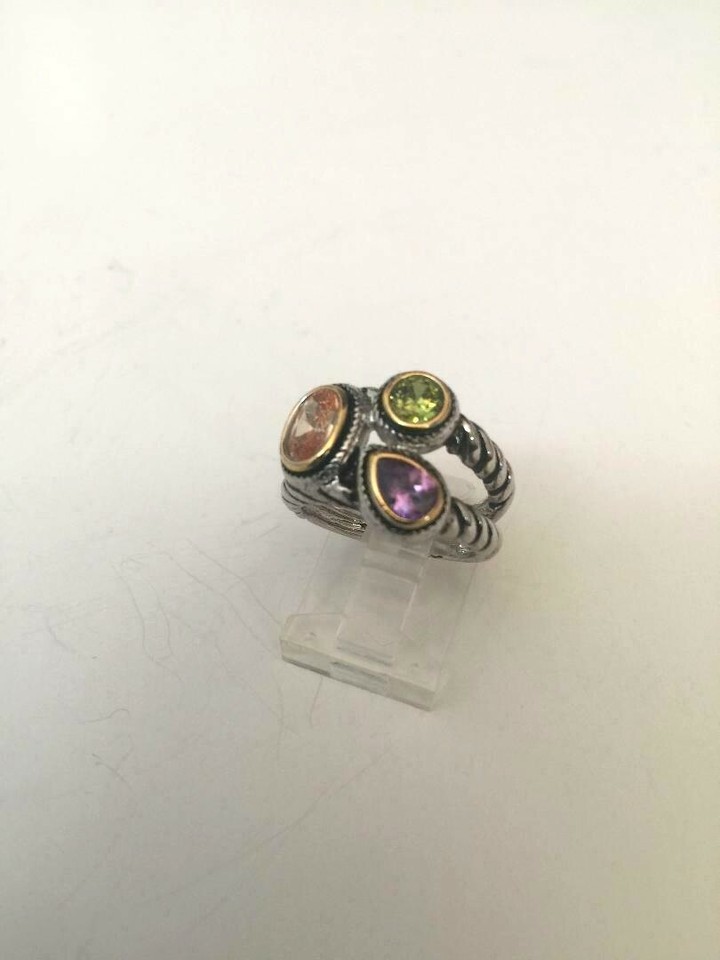 .925 STERLING SILVER PLATED RING WITH WITH 3 MULTI COLORED CZ STONES J ...