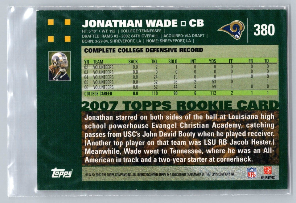 2007 TOPPS CARD # 380 Jonathan Wade - St. Louis Rams | eBay