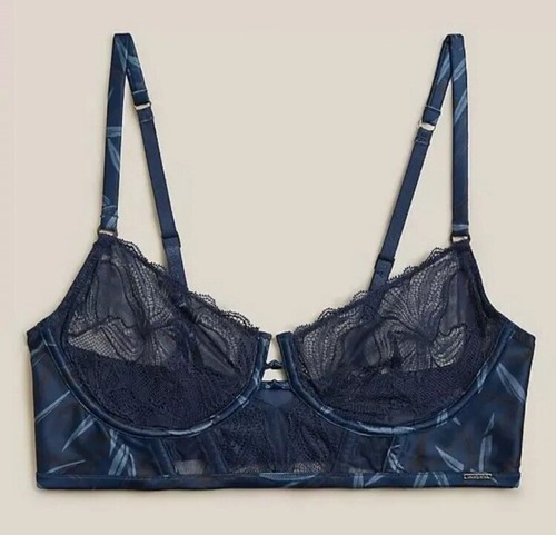 M&S Autograph Graphic Floral Lace & Satin Underwired Bustier Bra BLUE ...