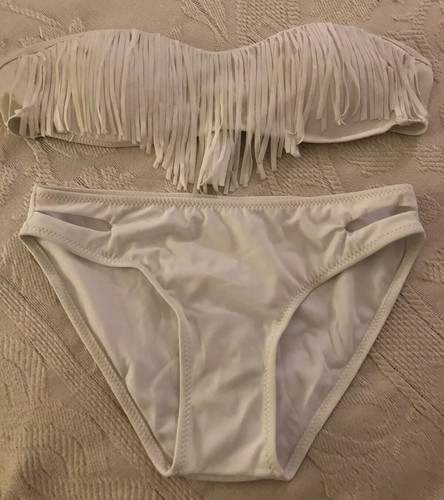 New White Fringe Bandeau Strapless Bikini Top & Bottom Medium | eBay