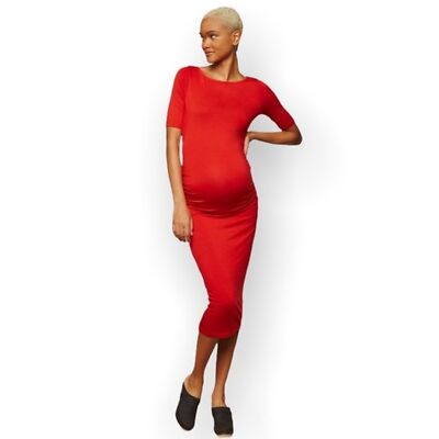 Mimi maternity red dress short Sleeves midi long S NWTS bodycon | eBay
