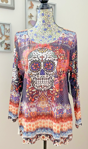 NWT Unity World Wear Women's 1X Embellished Sugar Skull Hi-Lo Hem Boho ...