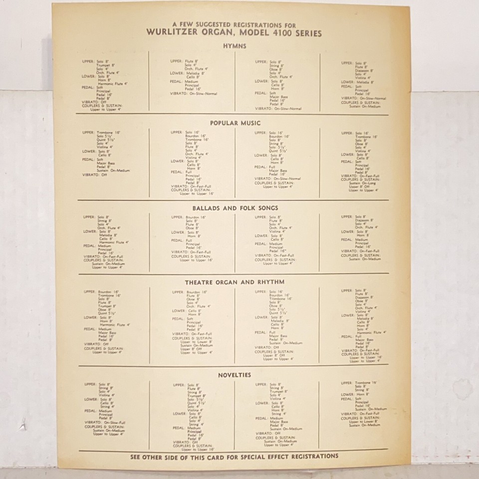 Vintage Wurlitzer Organ Model 4100 Series Special Effects Registration ...