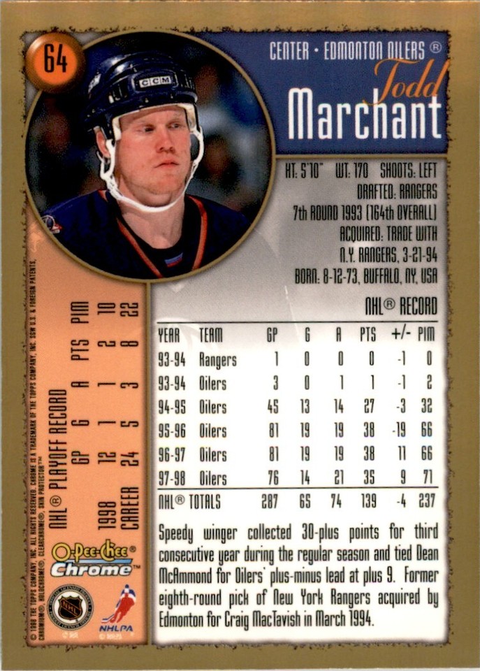 1998-99 O-PEE-CHEE CHROME TODD MARCHANT EDMONTON OILERS #64 | eBay