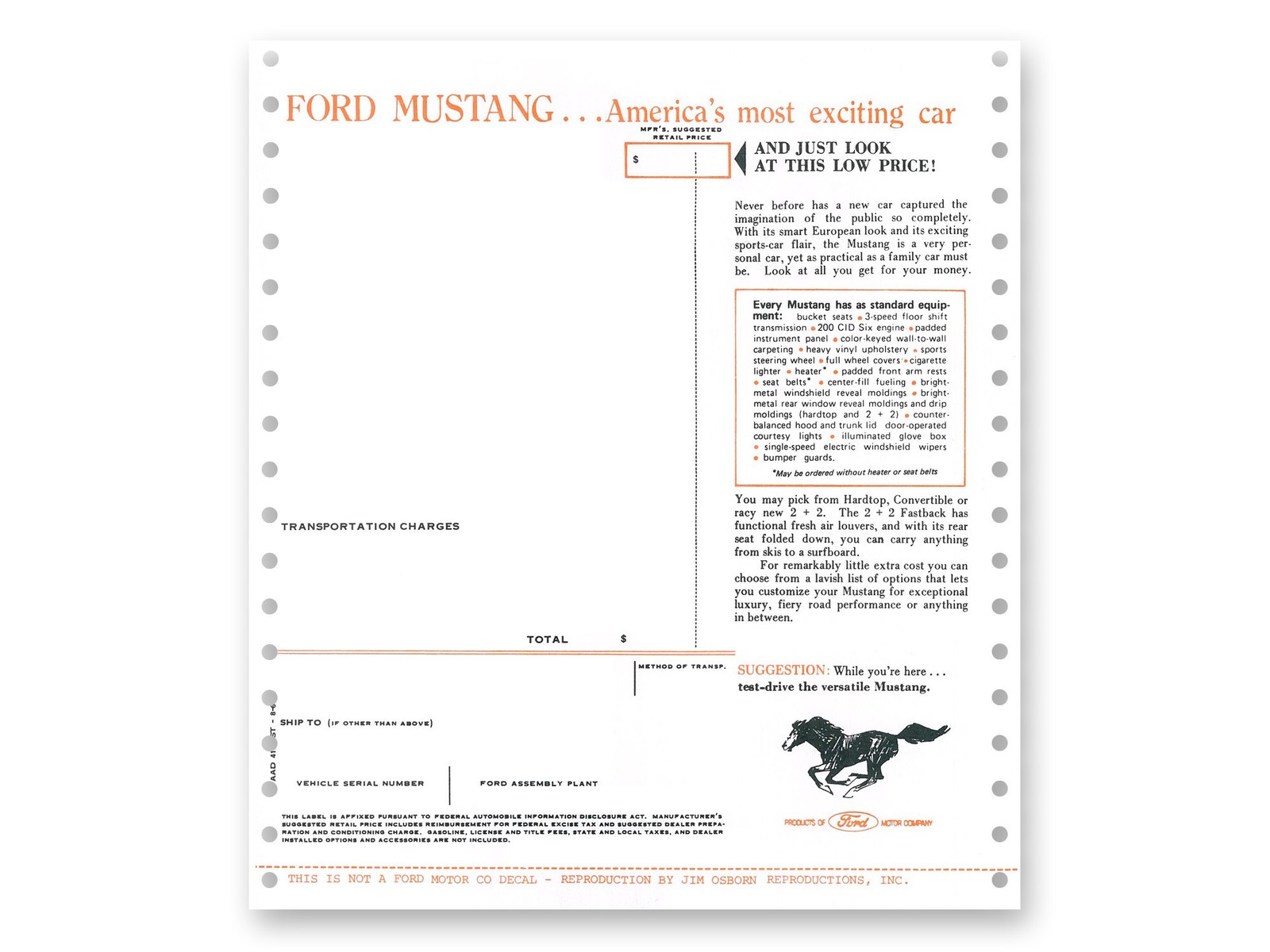 Mustang Window Sticker Decal DF43 1965 - Osborn Reproductions | eBay