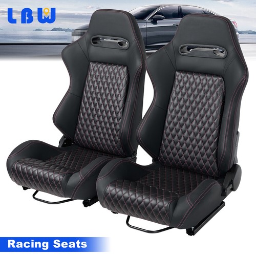 2PCS Car Racing Seats Black Faux Leather + Pink String Grid Car Seats ...