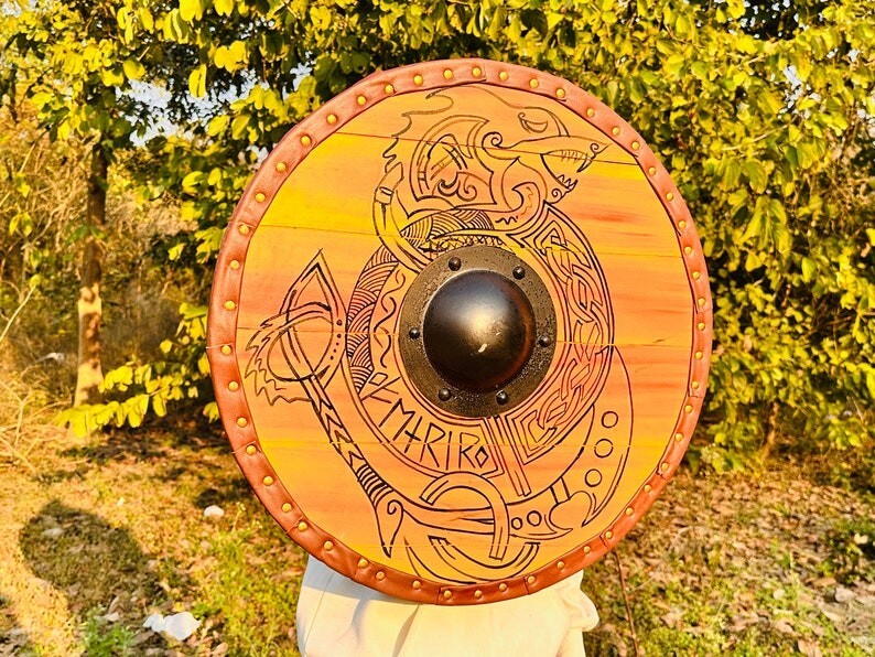 New Viking Style Shield 24" Medieval Wooden Carving Round Ornament ...