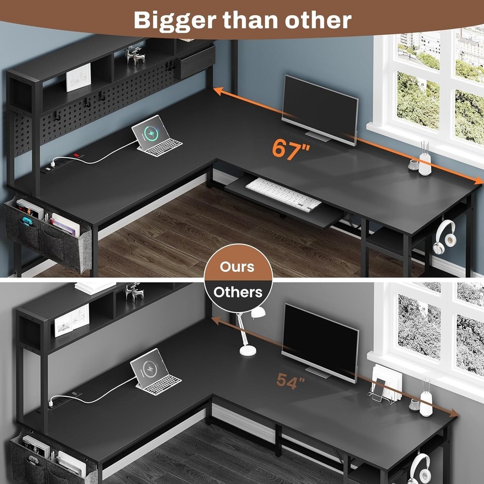 L Shaped Gaming Desk, Reversible Computer Desk with Power Outlet and ...