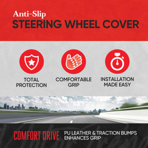 Motor Trend Black Leather Steering Wheel Covers with Red Traction Bumps ...