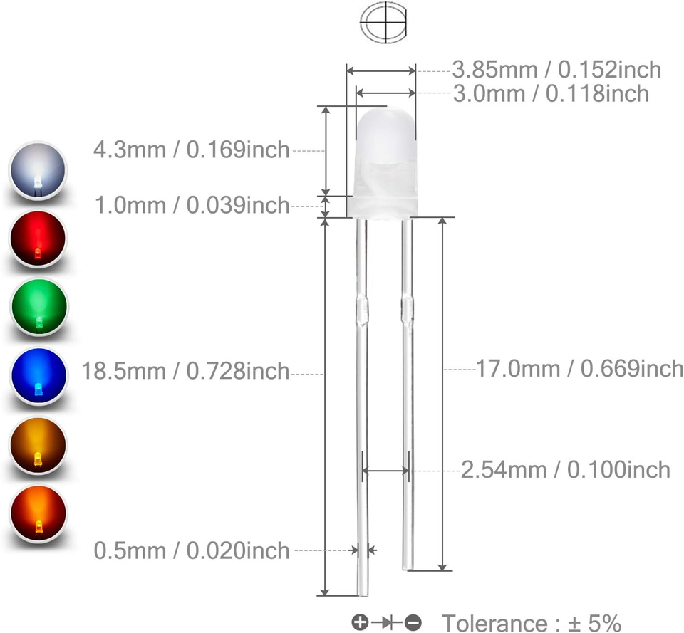 3Mm LED Diode Lights Assortment Kit 60 Pcs(6 Colors X 10 Pcs) Pack ...