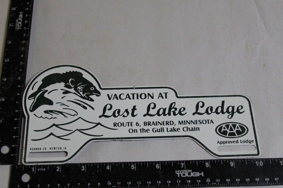 RARE 1950s VACATION AT LOST LAKE LODGE PAINTED METAL TOPPER SIGN FISH ...