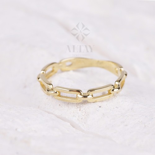 14K Gold Chain Ring, Paperclip Chain Band, Rectangle Long Chain Ring ...