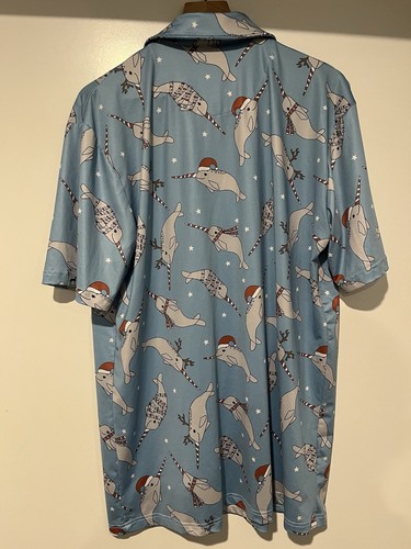 Proud 90 Golf Polo Shirt Sz XL Blue Christmas Narwhal Holiday All Over ...