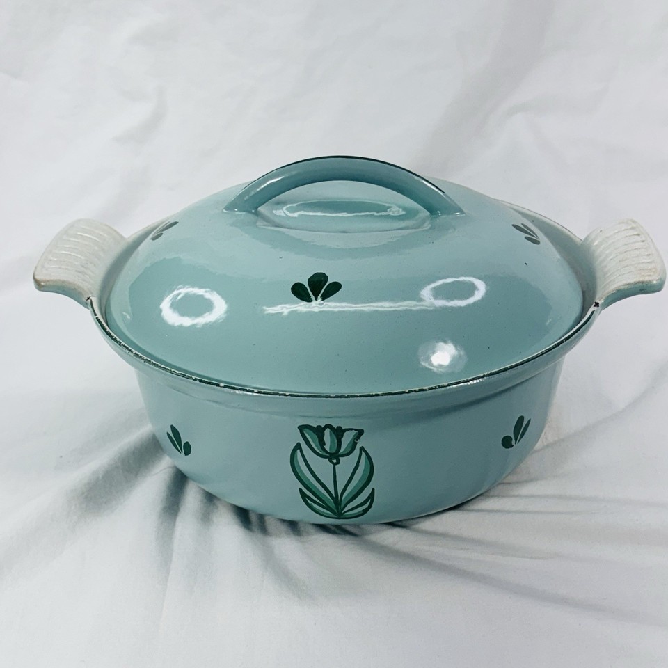 Vintage Dru Holland #20 Blue Tulip Round Cast Iron Dutch Oven - Made in ...