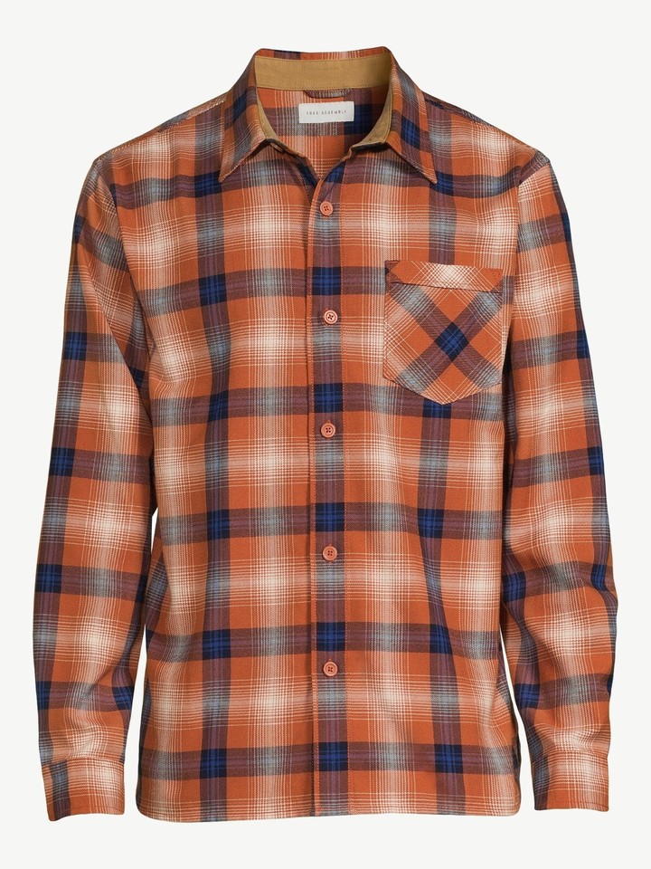 Free Assembly Men's Lightweight Plaid Flannel Shirt with Long Sleeves ...