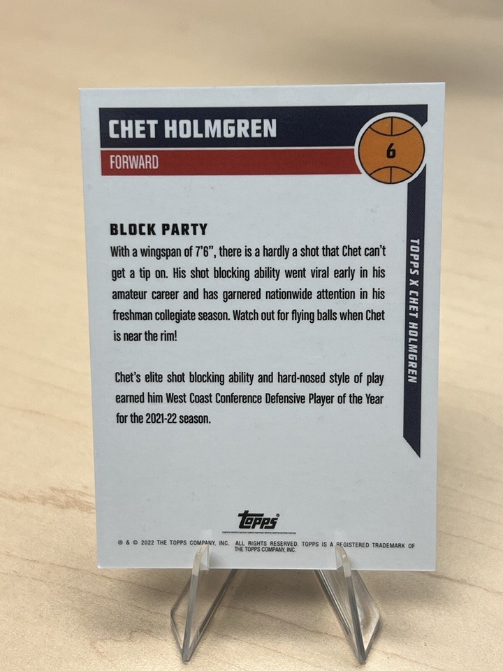 2022 TOPPS X CHET HOLMGREN ROOKIE CARD 6 "BLOCK PARTY" GONZAGA OK CITY ...