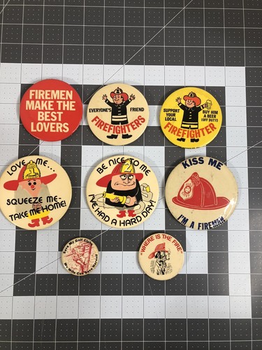 8 Vintage Rare Roberts Company 1970s Whimsical Firefighter Buttons Pins ...