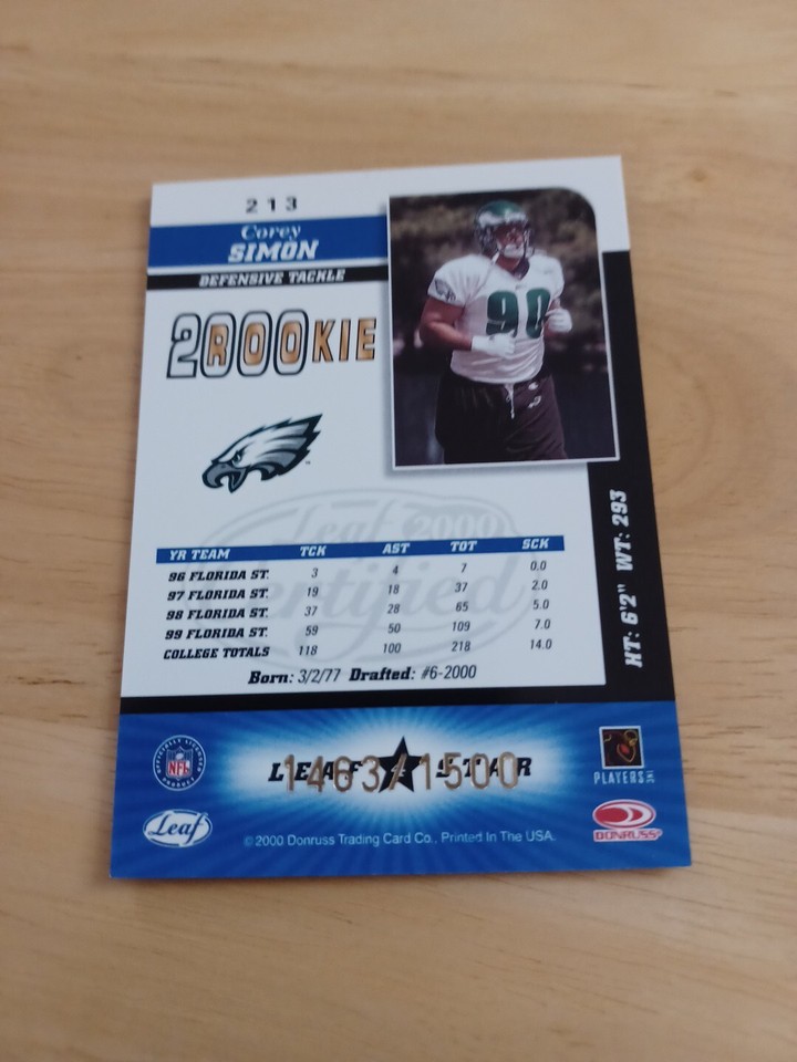 2000 Leaf Certified #rd /1500 Corey Simon #213 Rookie RC Eagles $$$ | eBay