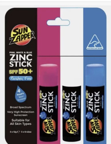 Sun Zapper Zinc Sticks SPF50 36g Pink, White & Blue Sunscreen 3 Pack ...