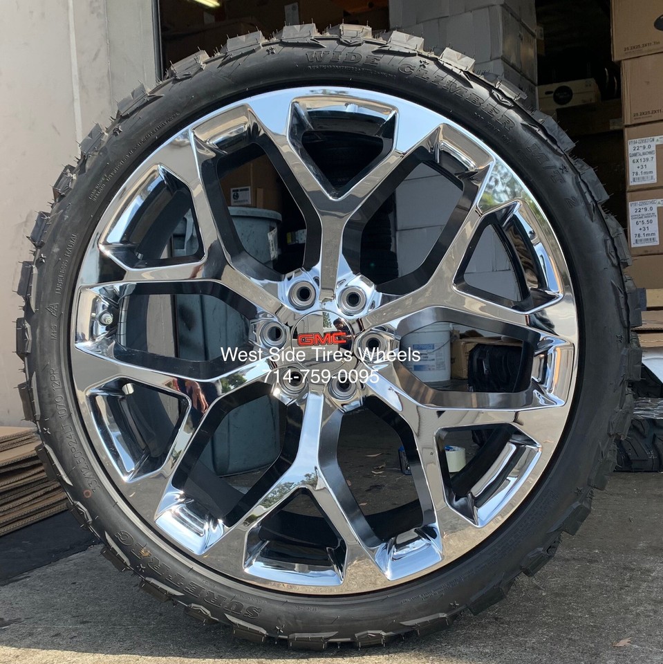 24” SNOWFLAKE CHROME WHEELS Yukon Sierra Silverado Tahoe 33” Mud MT ...