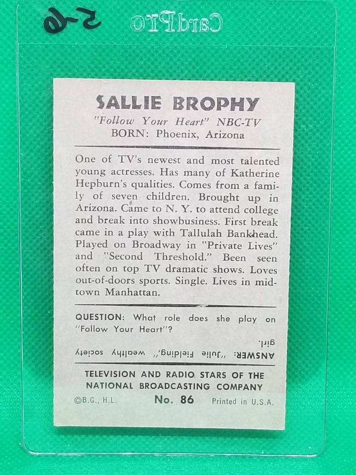 🔥1953 Bowman TV & Radio NBC Stars #86 SALLY BROPHY👍 EX-EXMINT or Better ...