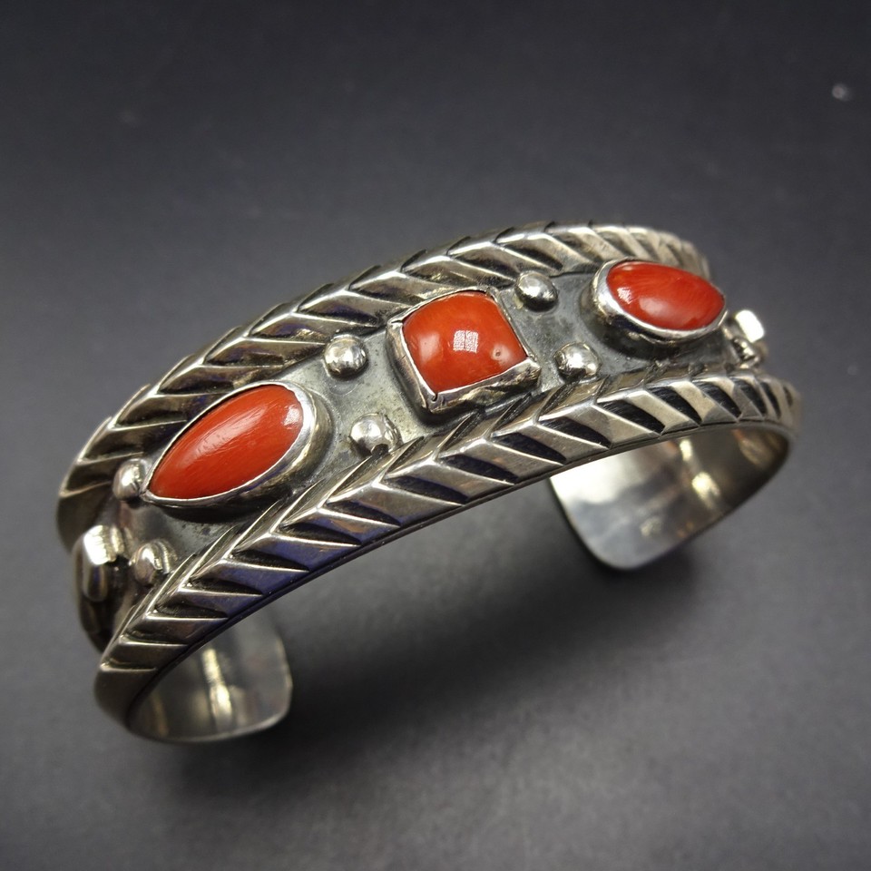 OLD Heavy Gauge CHISEL Stamped Sterling Silver CORAL Cuff BRACELET 60g ...