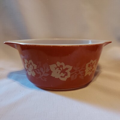 VTG PYREX 474-B 1.5L CORNING NY USA CASSEROLE BOWL Floral Orange cream ...