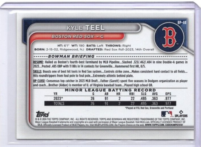2024 Bowman Yellow Border Kyle Teel 1st /75 RED SOX | eBay