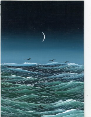 ACEO Original Acrylic Half Moon Ocean Seascape Choppy Waves Painting ...