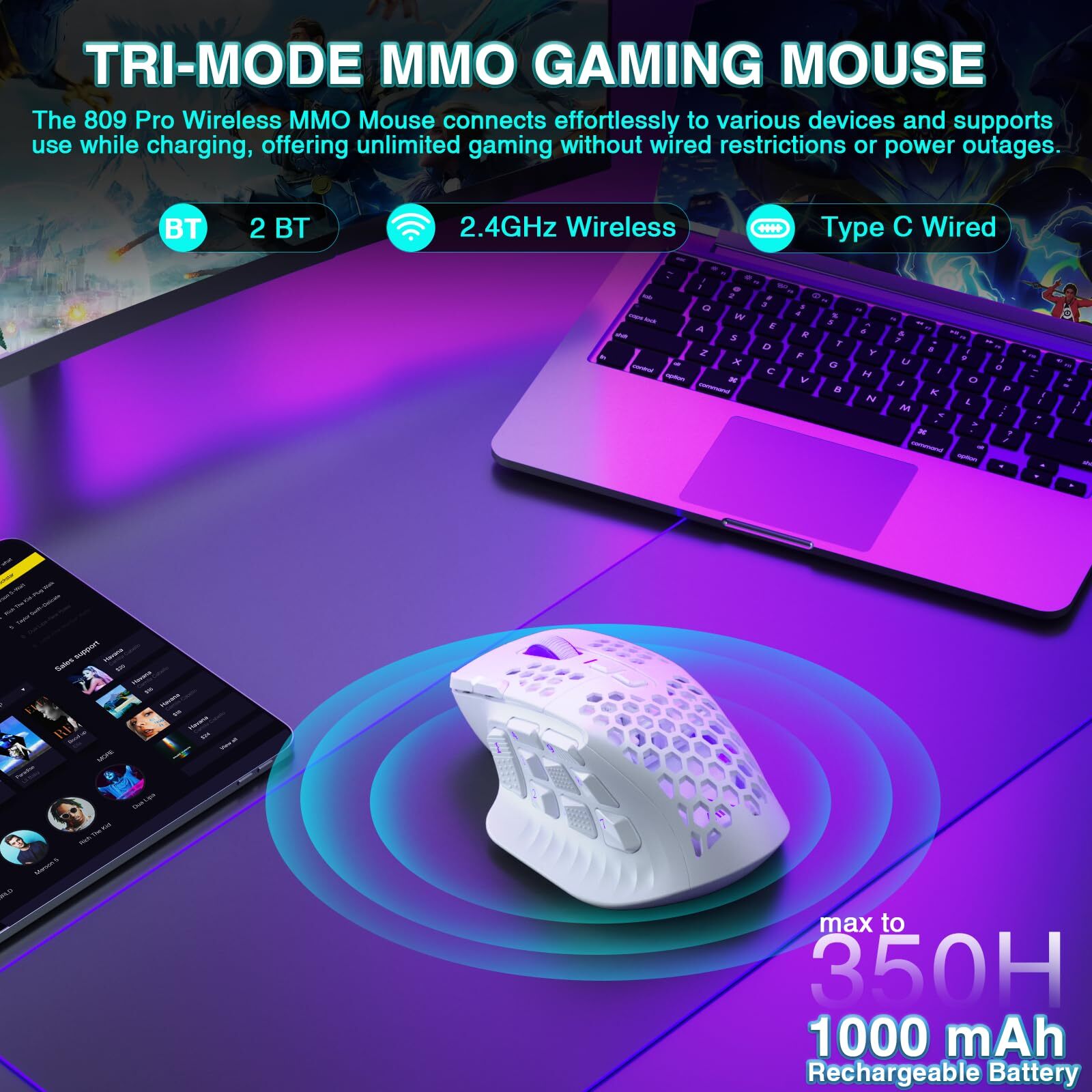 SM809 Pro Wireless MMO Gaming Mouse with 9 Side Buttons24000 DPITriple ...